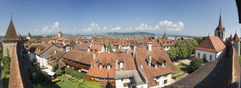 Murten stock image. Image of medieval, trees, walls, panorama - 76279999