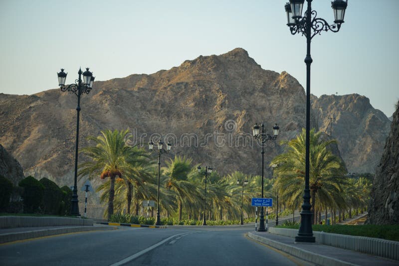 Muscat Street Lights and Mountain, Oman Stock Image - Image of downtown ...