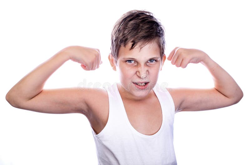 Smiling Sport Child Boy Showing Hand Biceps Muscles Strength Stock ...