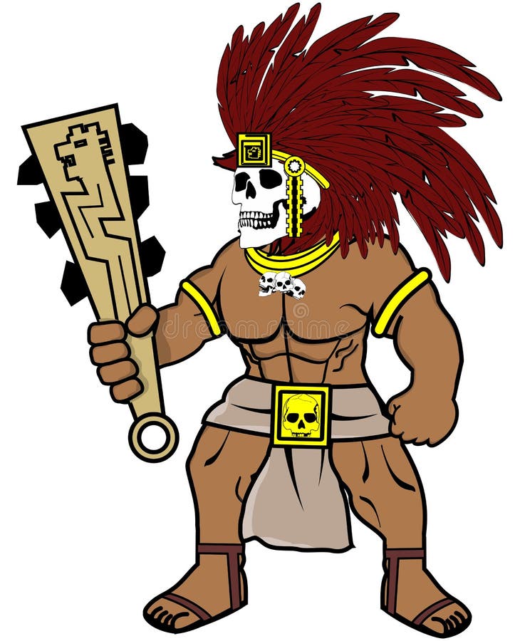 Muscle Mexican Skull Warrior Aztec Character Cartoon Illustration Stock ...