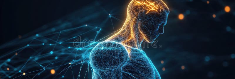Muscle Structure Depicted As 3D Wireframe Mesh with Glowing Contours ...