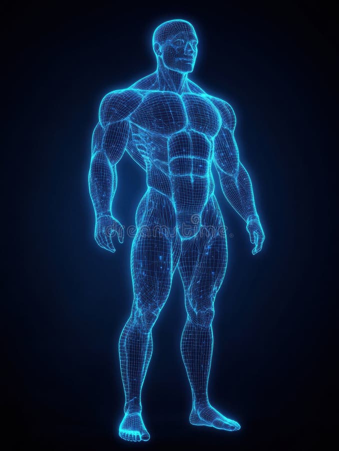Muscle Structure Displayed As 3D Wireframe Mesh with Glowing Contours ...