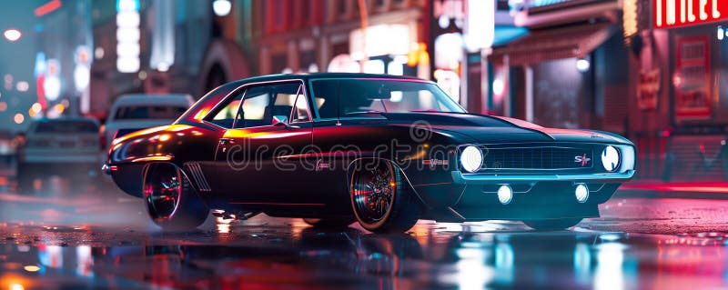 Muscle Vintage Car on the Streets at Night, Generated Ai Stock ...