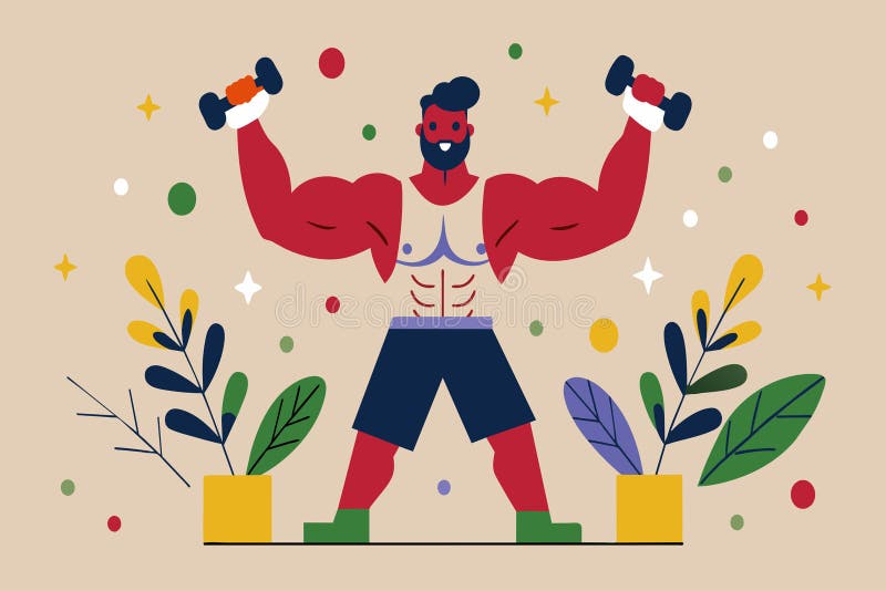 A Muscular Animated Character Confidently Works Out with Dumbbells ...