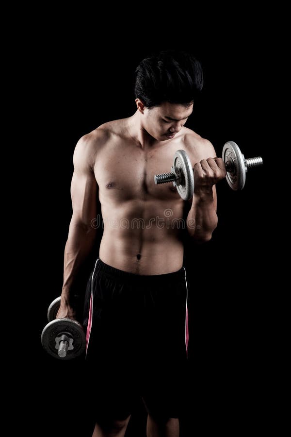 Muscular Asian Man Arm Flexing Biceps Behind Blank Sign Stock Photo ...