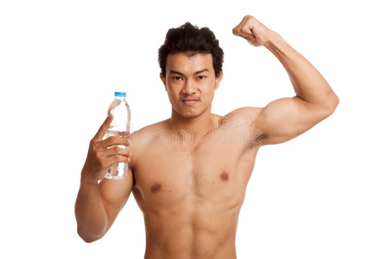Muscular Asian Man Flexing Biceps Bottle Drinking Water Stock Photos ...