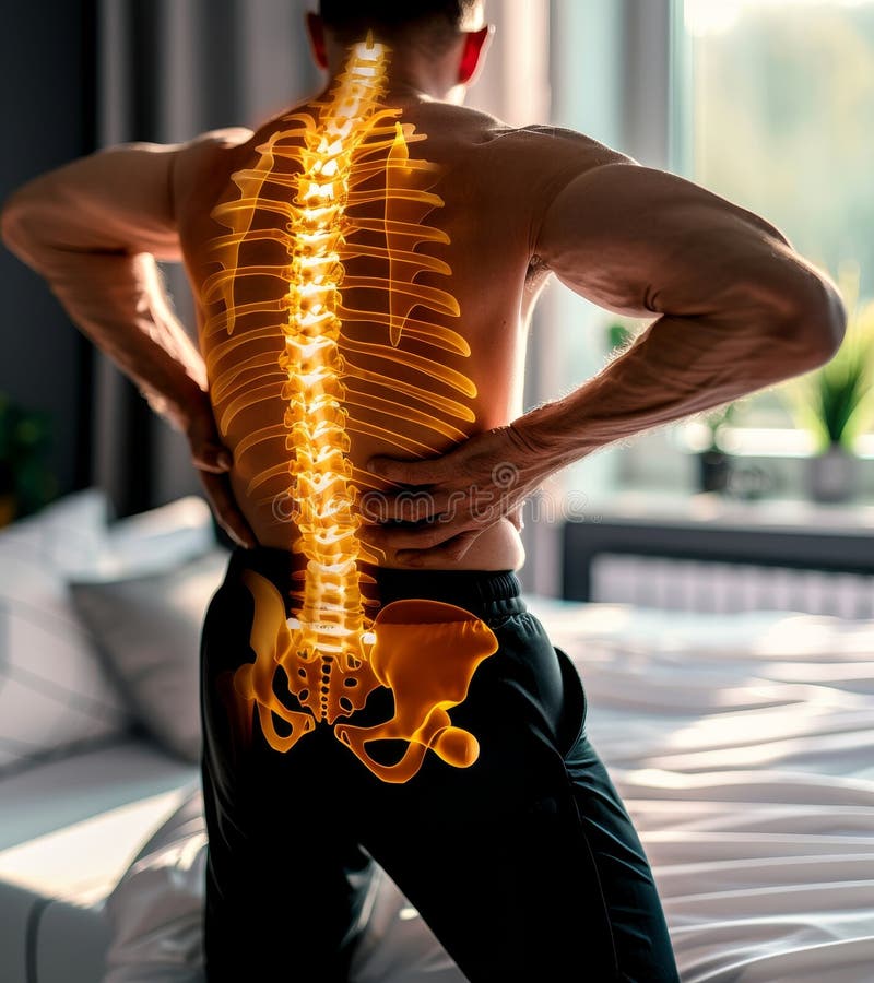 The Muscular Back of a Man is Highlighted with a Glowing Spine Graphic, Indicating Back Pain ...