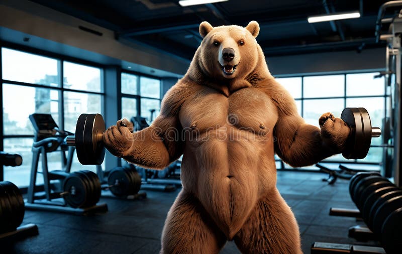 A Muscular Bear Lifts Dumbbells in a Gym Stock Illustration ...