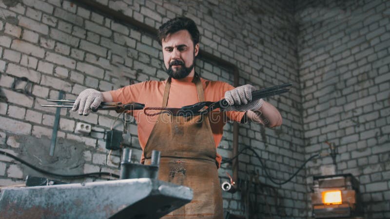 Muscular Blacksmith in Forge Hammering Steel Products Stock Photo ...