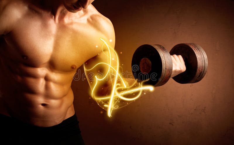 Muscular Body Builder Lifting Weight with Energy Lights on Bicep Stock ...