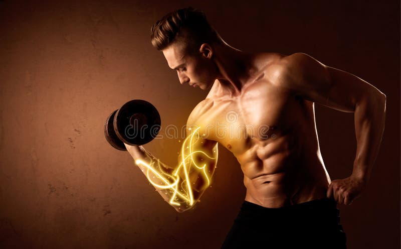 Muscular Body Builder Lifting Weight with Energy Lights on Bicep Stock ...