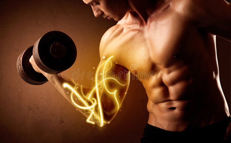 Muscular Body Builder Lifting Weight with Energy Lights on Biceps Stock ...