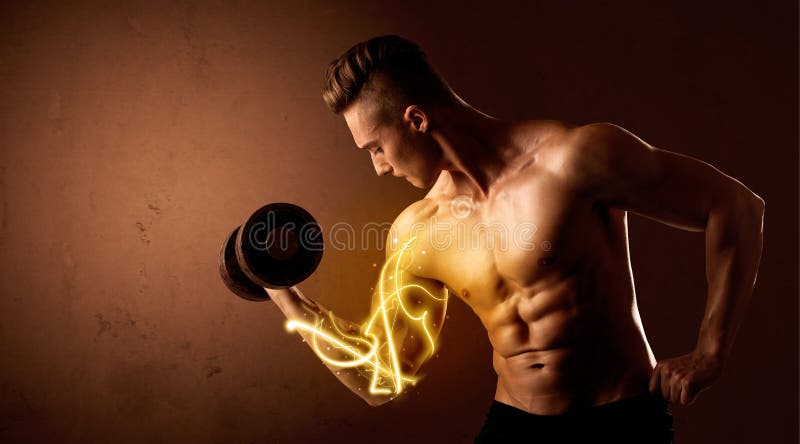 Muscular Body Builder Lifting Weight with Energy Lights on Bicep Stock ...