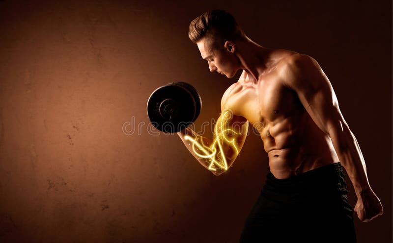 Muscular Body Builder Lifting Weight with Energy Lights on Bicep Stock ...