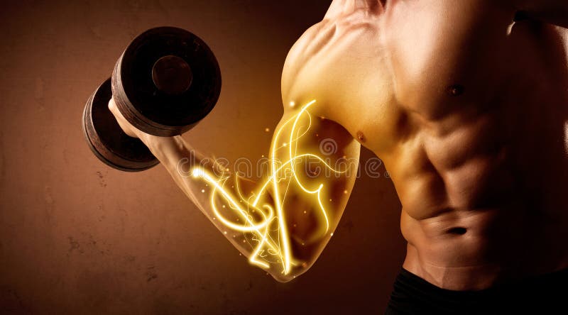 Muscular Body Builder Lifting Weight with Energy Lights on Biceps Stock ...