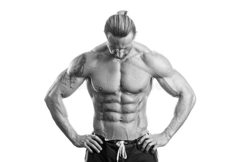 Muscular Bodybuilder Guy Standing Over White Background Stock Photo ...