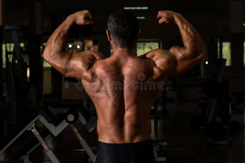 Muscular Bodybuilder Showing His Back Double Biceps Stock Image - Image ...