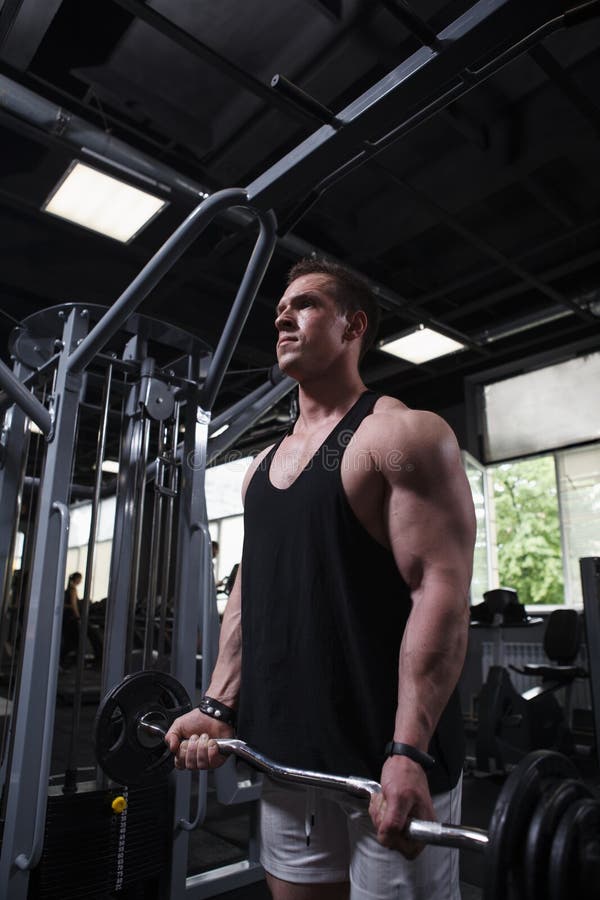 Muscular Bodybuilder Training With Ez Curl Bar Stock Image Image Of