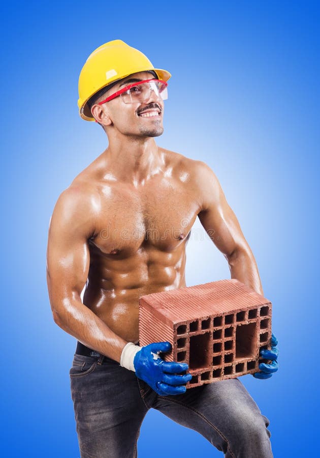 Muscular Builder with Bricks on White Stock Image - Image of foreman ...
