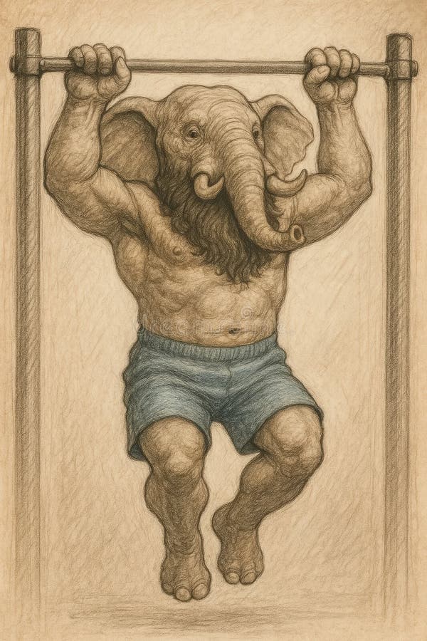 Muscular Elephant Headed Humanoid Performing Pull Ups, Displaying ...