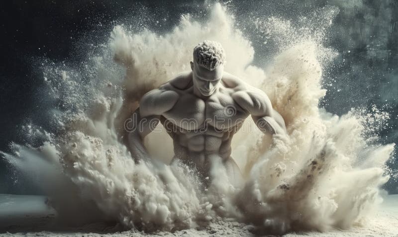 Muscular Figure Emerging from Cloud of Dust, Showcasing Strength and ...