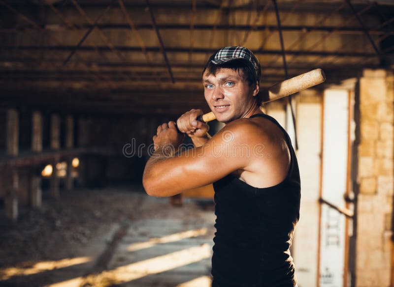 Muscular Man with Baseball Bat Stock Photo - Image of muscular ...