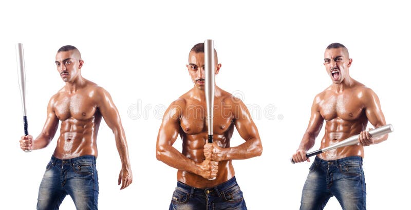 The Muscular Man with Baseball Bat on White Stock Image - Image of ...