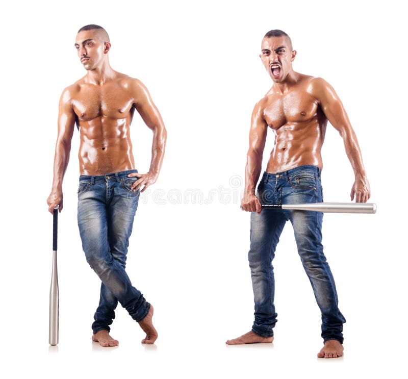 The Muscular Man with Baseball Bat on White Stock Image - Image of ...