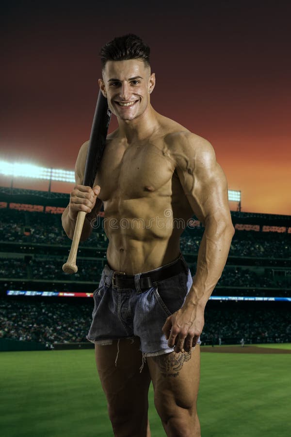 Muscular Man with Bat on Stadium Stock Image - Image of smiling ...
