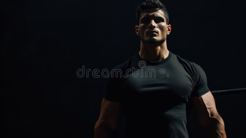 Muscular Man in Black Shirt in Dramatic Low Light Setting Stock Image ...