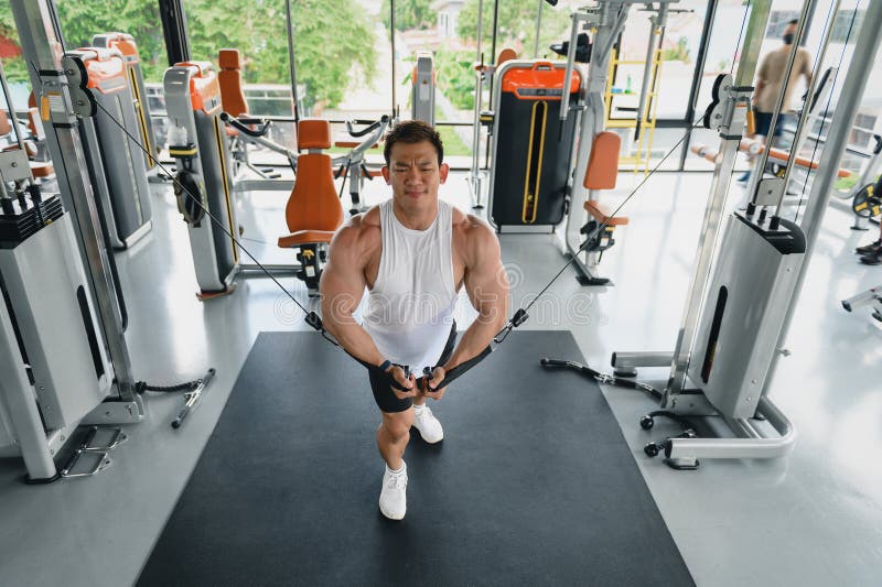 Muscular Man, Bodybuilder Asian Man Standing Prepares Workout with Pull ...