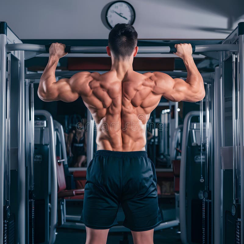 Muscular Man Doing Pull Ups in Gym, Emphasizing Defined Back Muscles ...