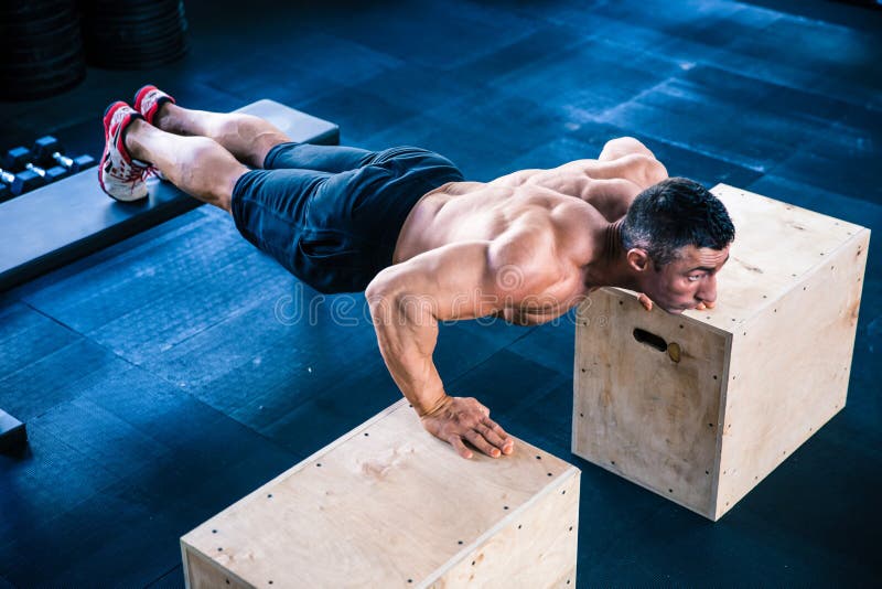 Muscular Man Doing Push Ups on Fit Box Stock Photo - Image of sporty ...