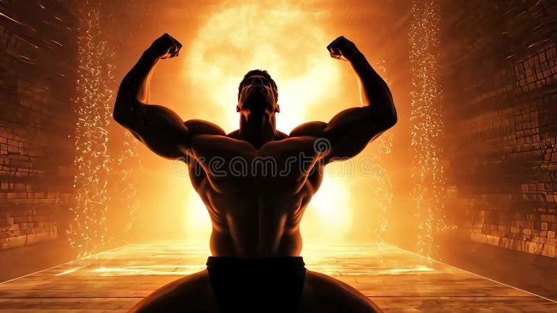 Muscular Man Flexing, Illuminated by Bright Light in Ancient Setting ...