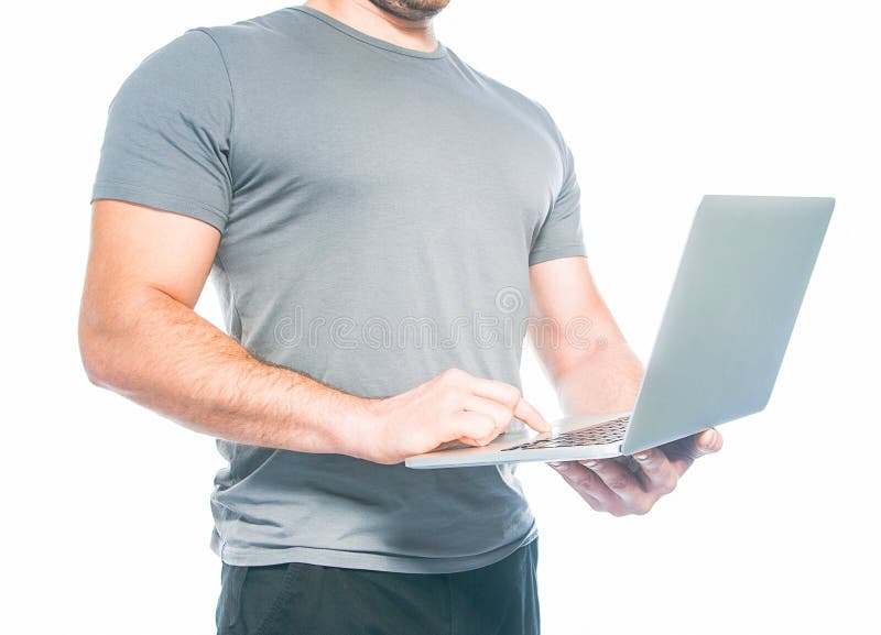 Muscular Man Holding Notebook Isolated on White Background Stock Photo ...