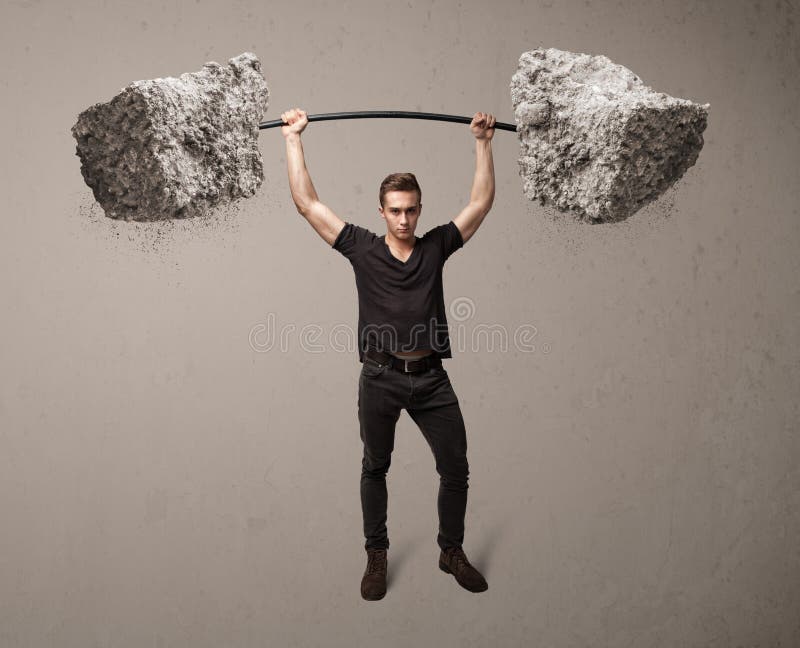Muscular Man Lifting Large Rock Stone Weights Stock Photo - Image of ...