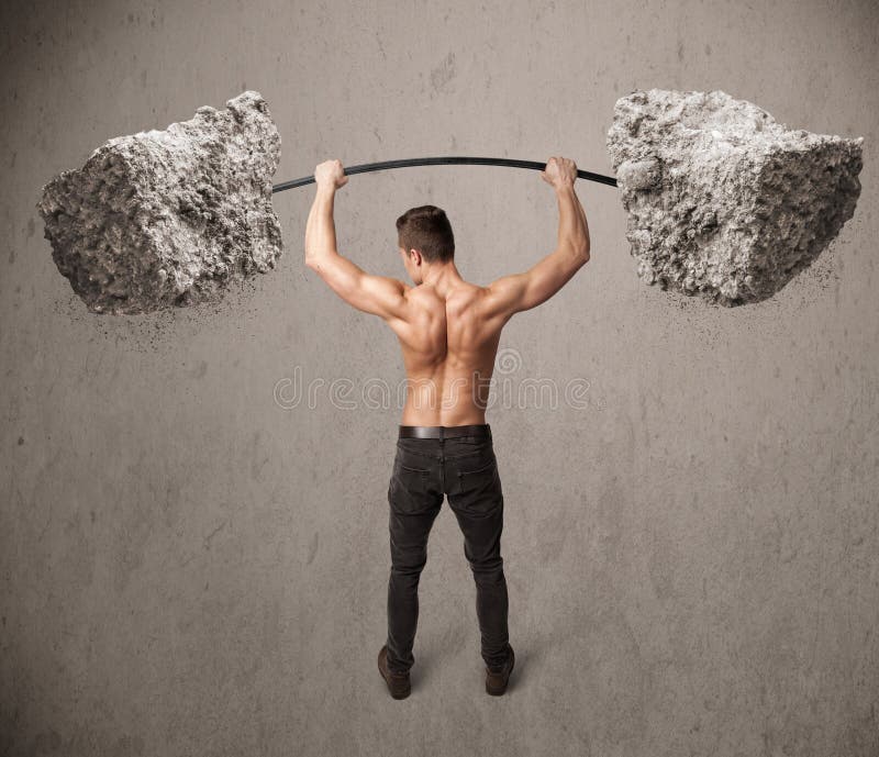 Muscular Man Lifting Large Rock Stone Weights Stock Image - Image of ...