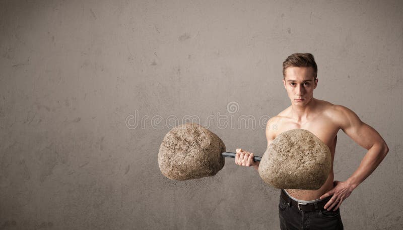 Muscular Man Lifting Large Rock Stone Weights Stock Image - Image of ...