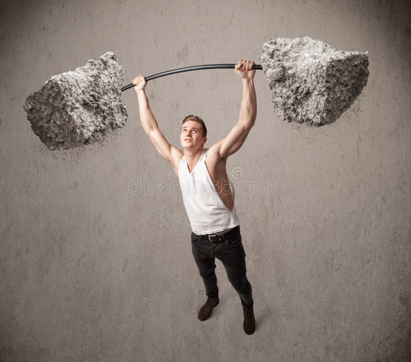 Muscular Man Lifting Large Rock Stone Weights Stock Image - Image of ...