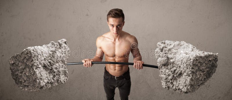 Muscular Man Lifting Large Rock Stone Weights Stock Photo - Image of ...