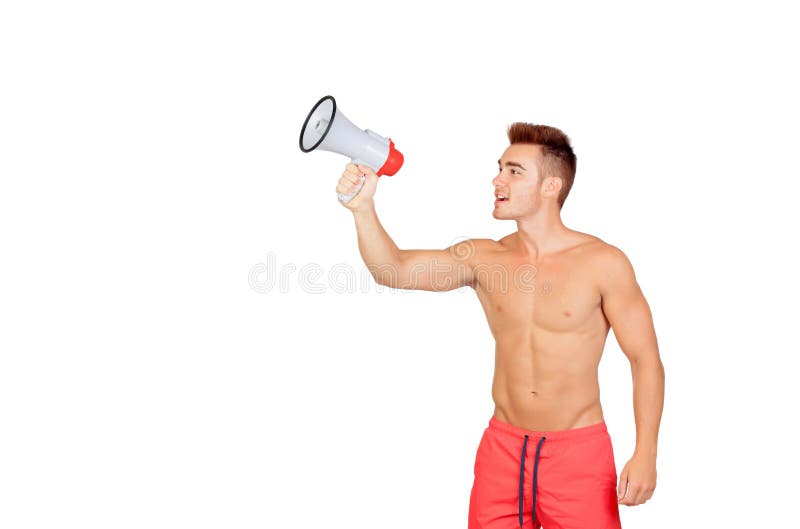 Handsome Lifeguard with Red Swimsuit and Megaphone Stock Photo - Image ...