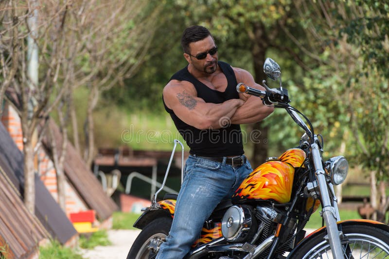 Muscular Man and Motorcycle Editorial Stock Image - Image of motor ...