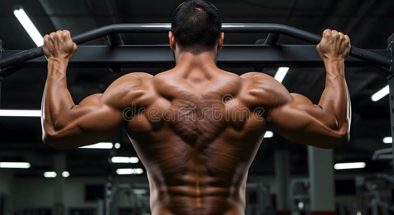 Muscular Man Performing Pull-Up Exercise in Gym Stock Illustration ...