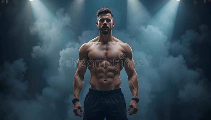 Muscular Man Posing with Defined Abs in Dramatic Lighting Stock ...