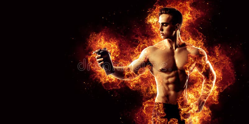 Muscular Man with Protein Drink in Shaker Over Dark Background with ...