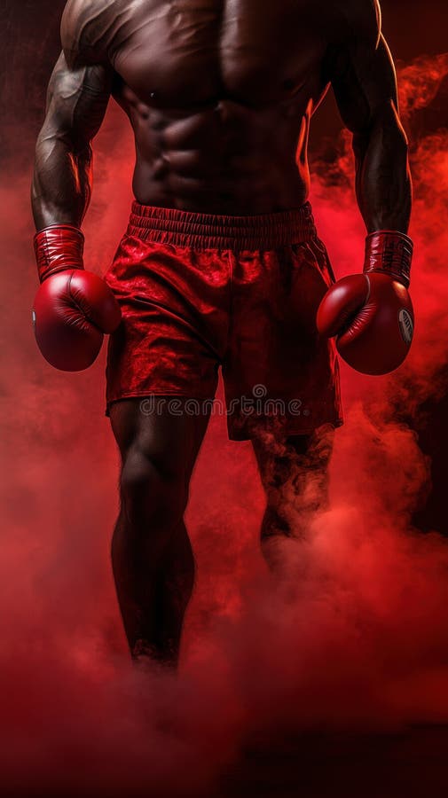 Muscular Man in Red Boxing Gloves and Shorts Standing in Dramatic Red ...
