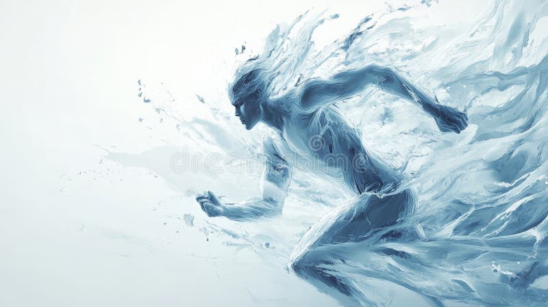 Muscular Man Running Fast Transforming into Liquid Ice, Abstract ...