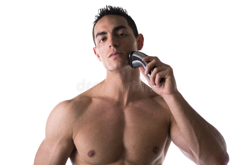 Muscular Man Shirtless Using Electric Shaver Stock Photo - Image of ...