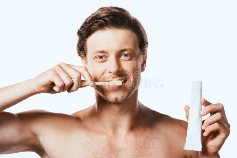 Man Showing Toothpaste while Brushing Teeth Stock Image - Image of ...