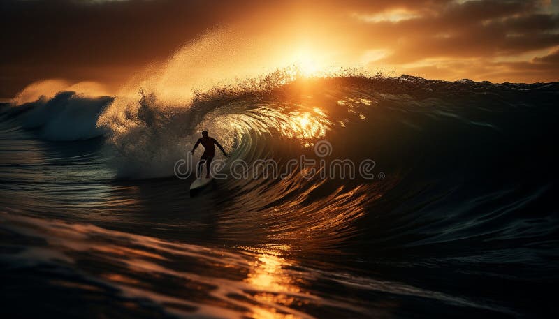Muscular Men Surf Waves at Sunset, Splashing Vitality Generated by AI ...